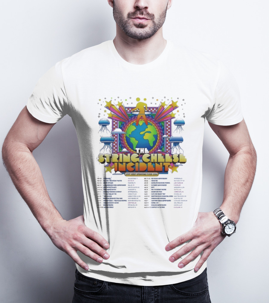 The String Cheese Incident Just Keep Spinning Tour 2026 North America Dates Psychedelic Globe And Jellyfish Motif T-Shirt