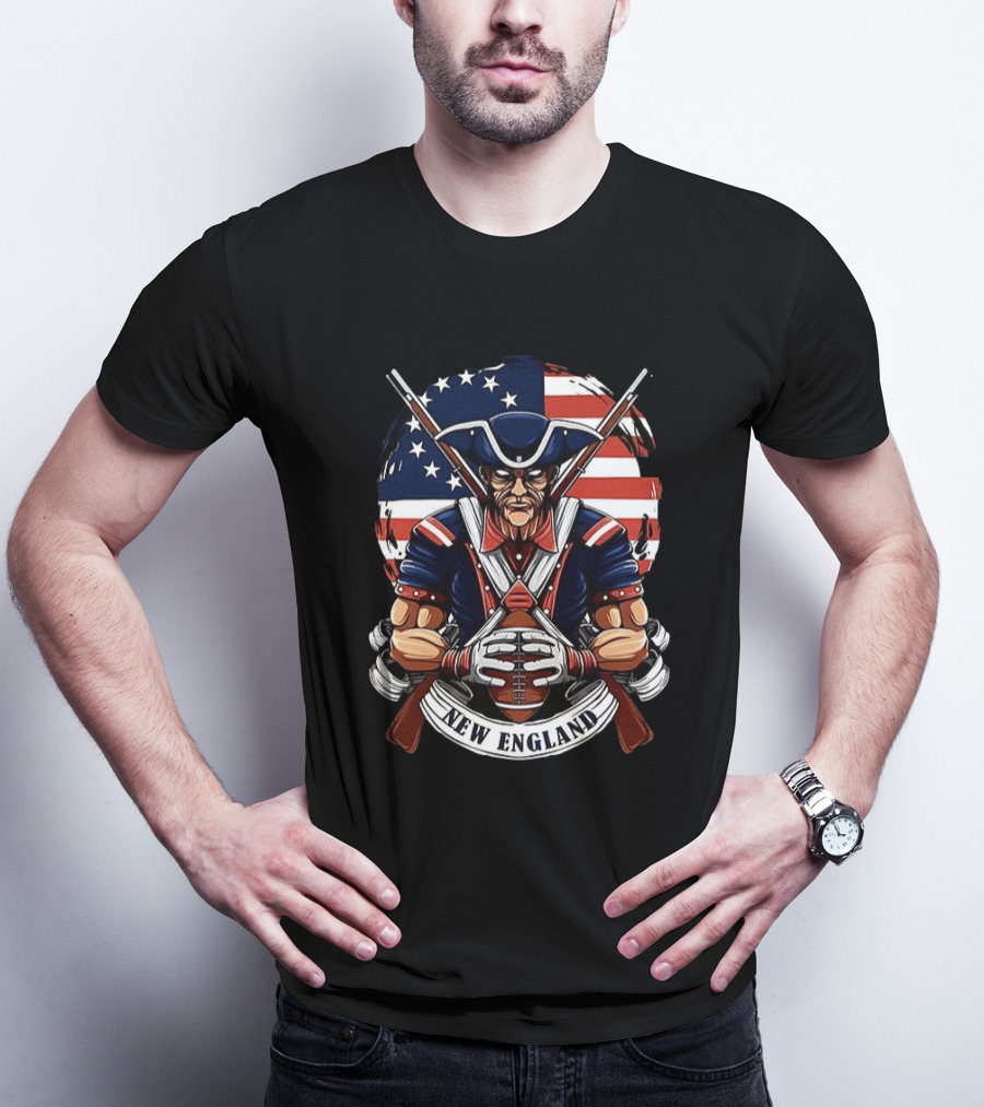 New England Patriots Revolutionary Soldier American Flag Football T-Shirt