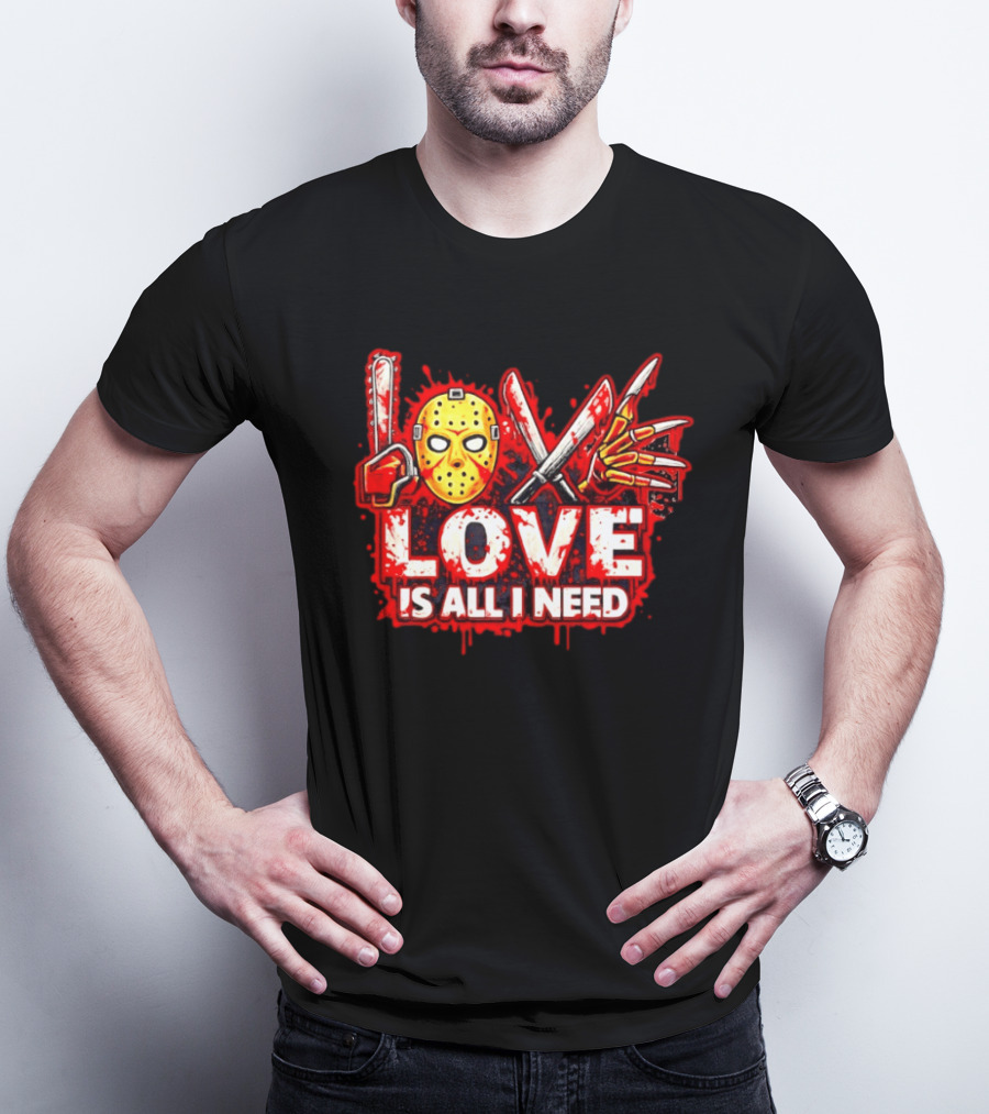 Horror Love Is All I Need Valentine Halloween Mask Knife Claw T-Shirt