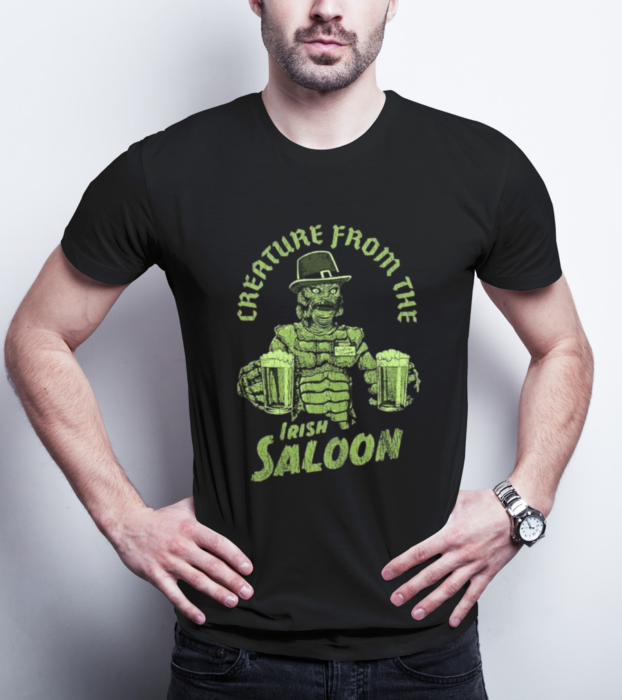 St Patrick's Day Creature From The Irish Saloon Beers Monster In Hat And Name Tag Holding Two Pints T-Shirt