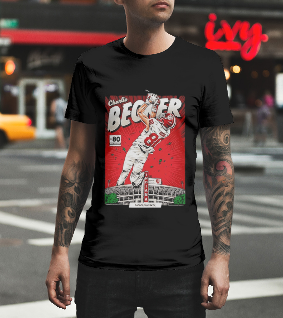 Charlie Becker Indiana Hoosiers No 80 Football Catch Comic Stadium Scene T-Shirt