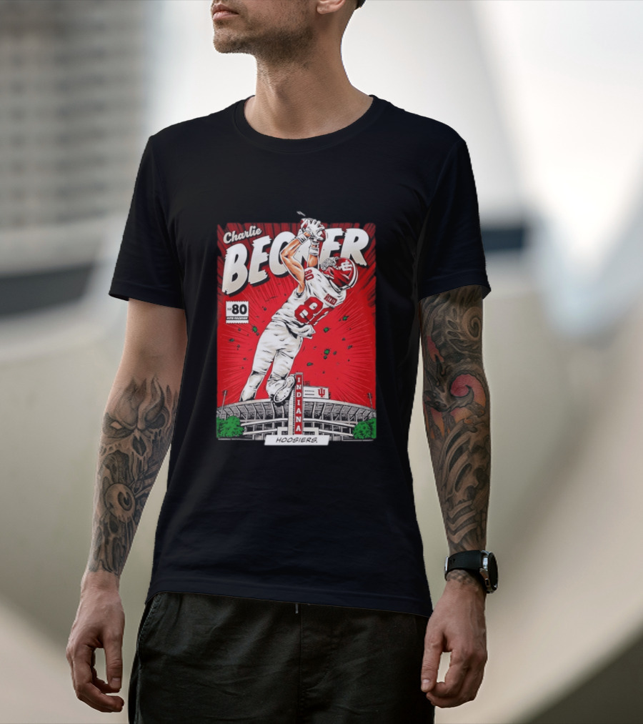 Charlie Becker Indiana Hoosiers No 80 Football Catch Comic Stadium Scene T-Shirt