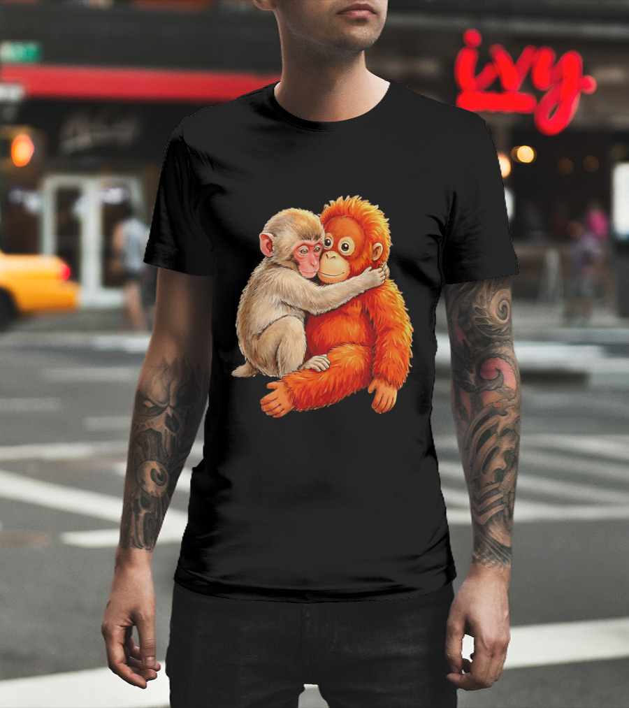 Baby Macaque Hugging Punch Monkey T-Shirt