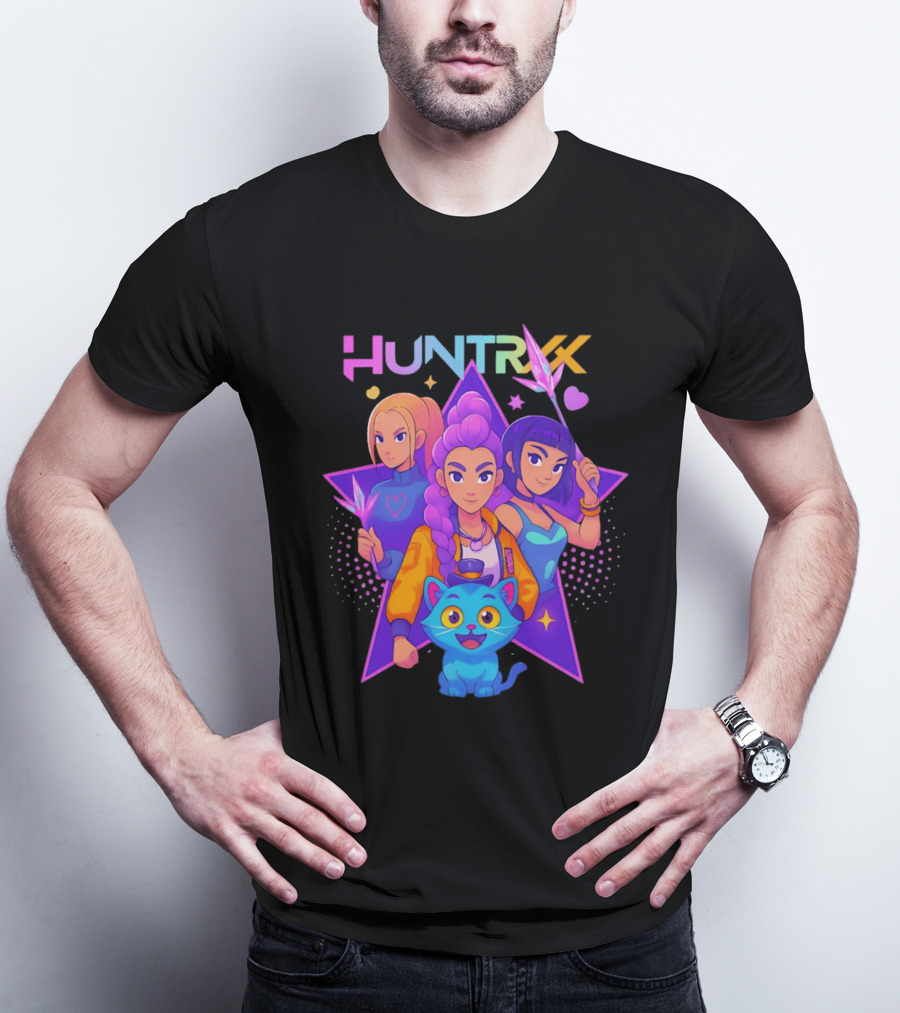Huntrx Anime All Characters Vibrant Magical Trio And Blue Cat With Crystal Stars T-Shirt