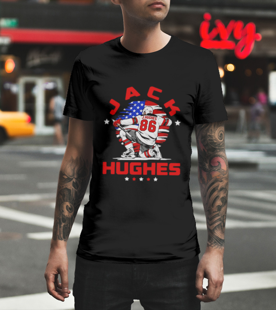 Jack Hughes 86 New Jersey Devils USA Flag Celebration T-Shirt