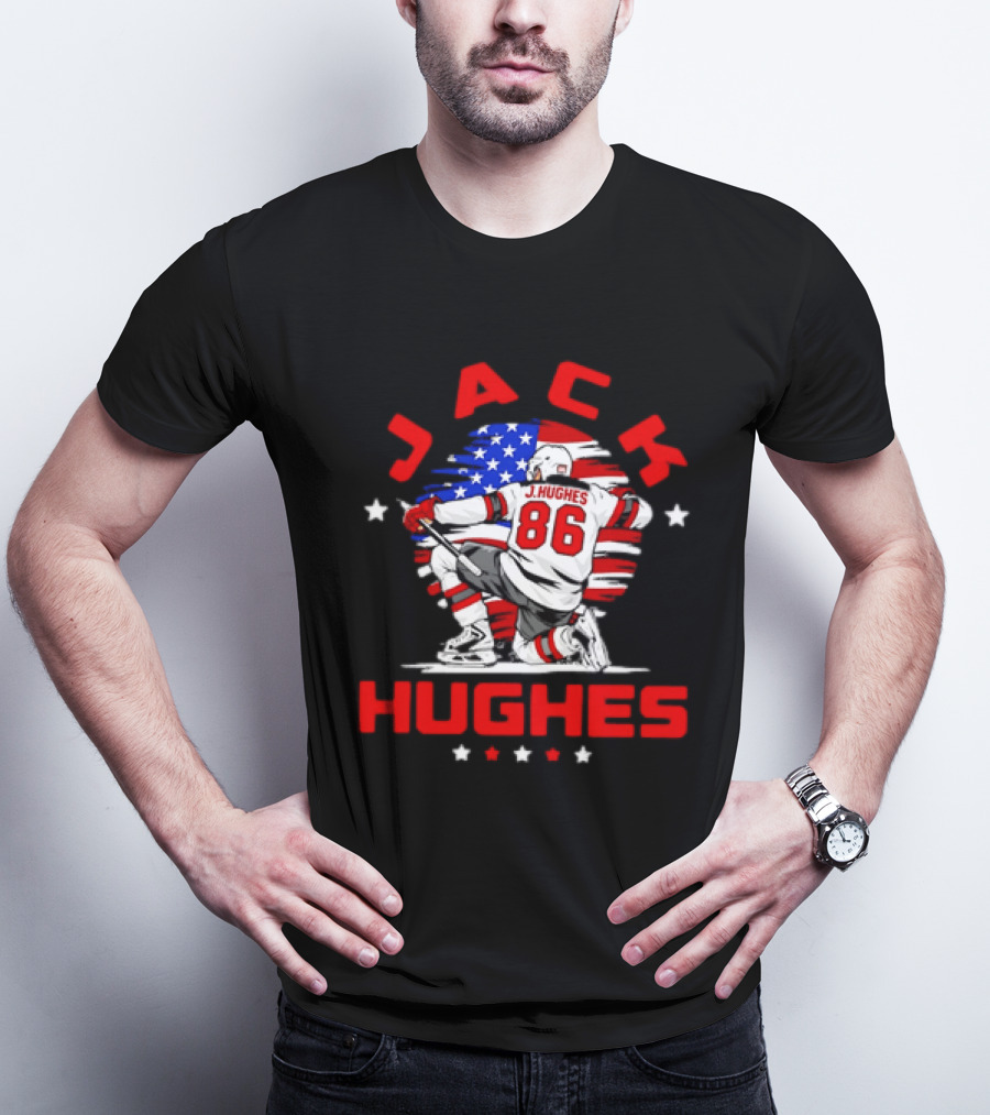 Jack Hughes 86 New Jersey Devils USA Flag Celebration T-Shirt