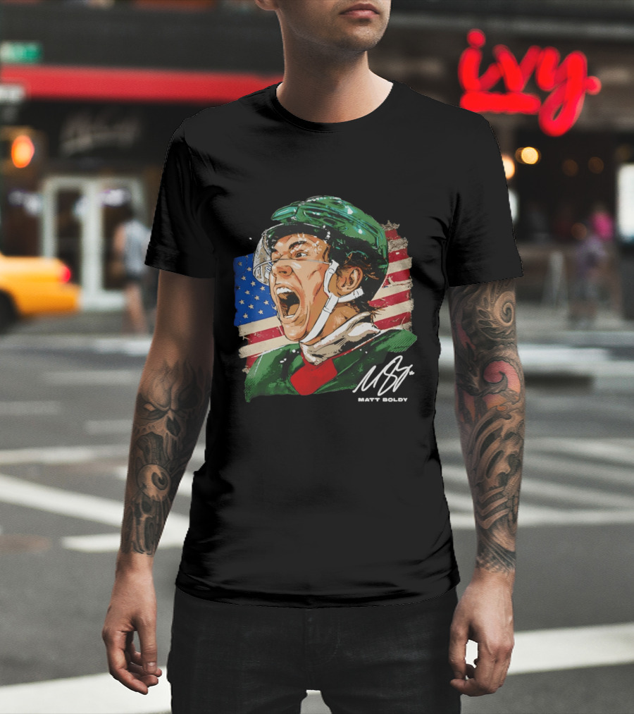 Matt Boldy USA Hockey Minnesota Wild Flag Celebration T-Shirt