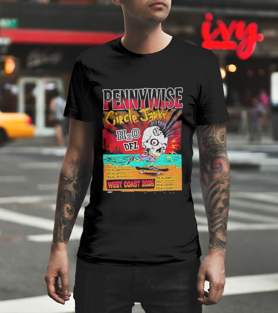 Pennywise Circle Jerks H2O DFL West Coast 2026 Tour San Francisco Sacramento Berkeley San Diego T-Shirt