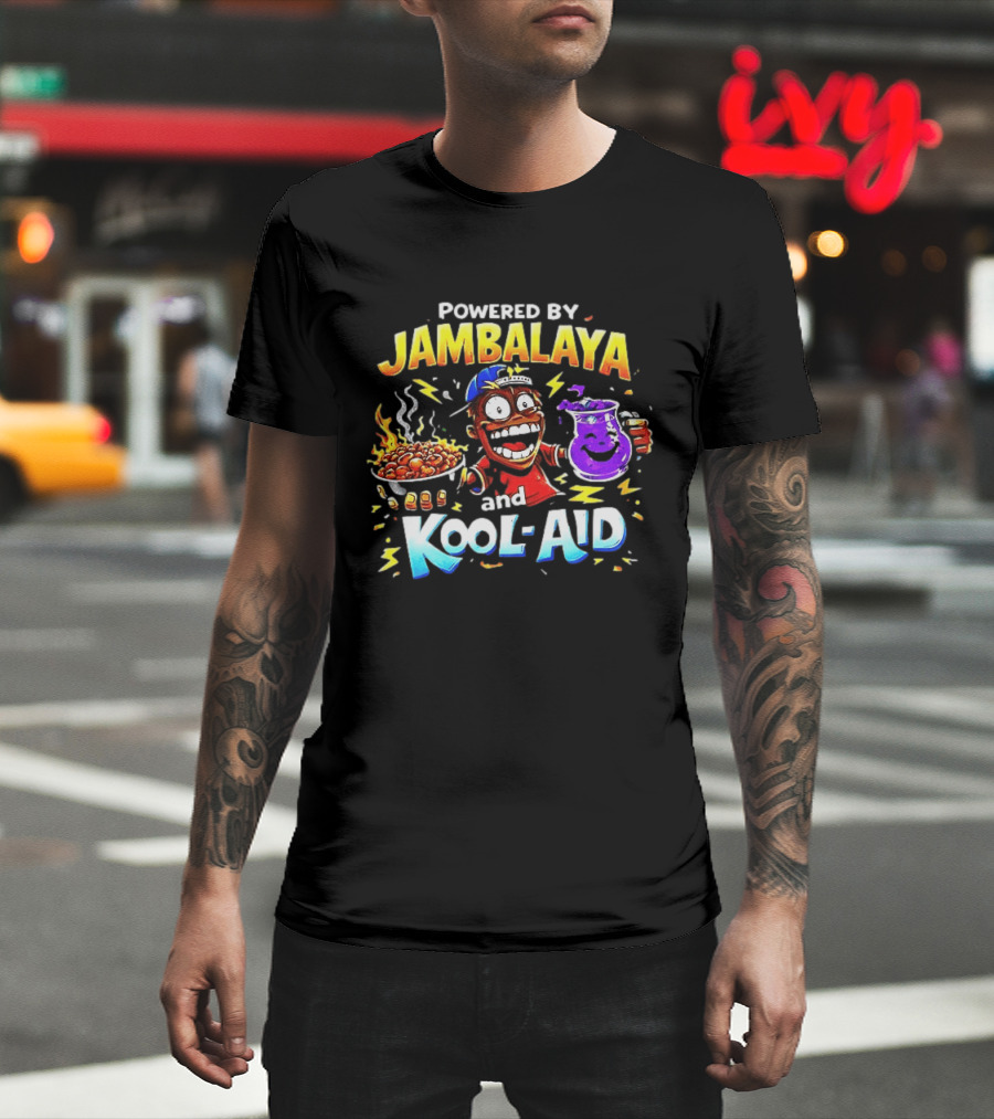 Powered By Jambalaya And Kool Aid Bold Colors Cartoon Character Fun T-Shirt