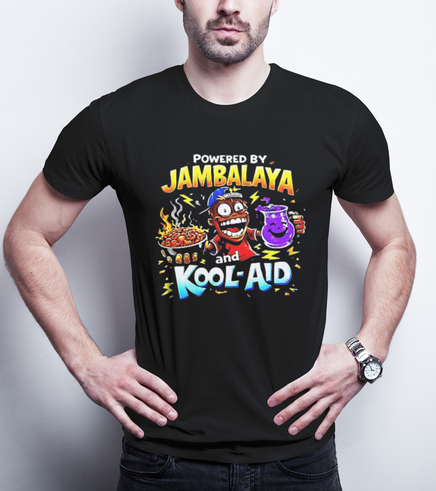 Powered By Jambalaya And Kool Aid Bold Colors Cartoon Character Fun T-Shirt