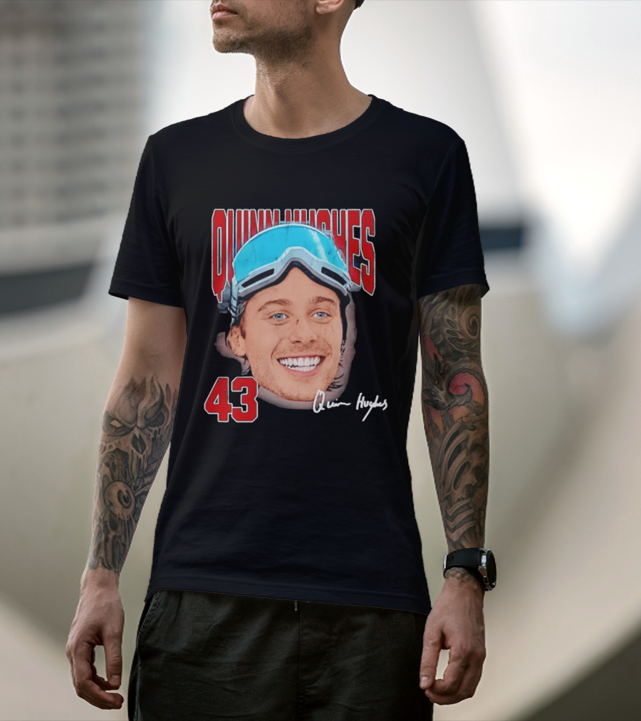 Quinn Hughes Big Head Goggles 43 Signature T-Shirt