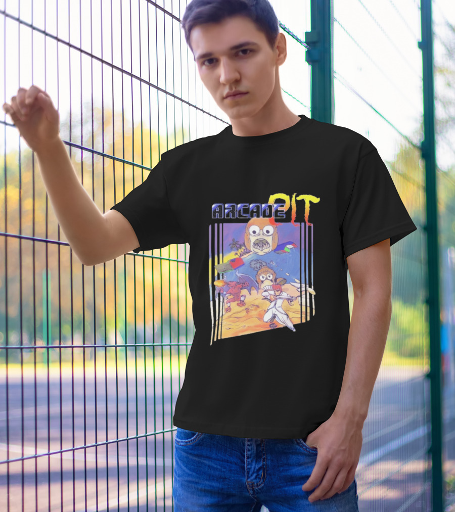Arcade Pit Smight X Contra Characters And Cartoon Face Beach Scene T-Shirt