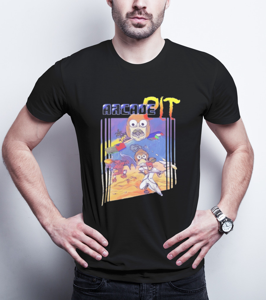 Arcade Pit Smight X Contra Characters And Cartoon Face Beach Scene T-Shirt