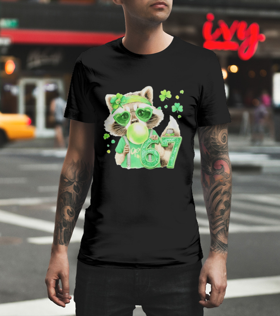 St Patrick's Day Raccoon With Shamrock Heart Glasses And 67 Bubblegum T-Shirt