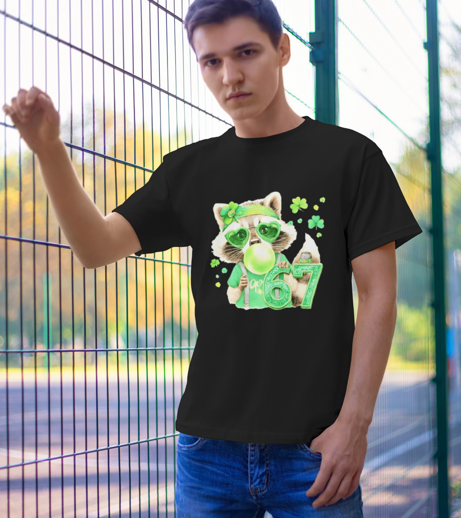 St Patrick's Day Raccoon With Shamrock Heart Glasses And 67 Bubblegum T-Shirt