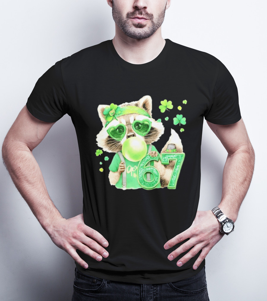 St Patrick's Day Raccoon With Shamrock Heart Glasses And 67 Bubblegum T-Shirt