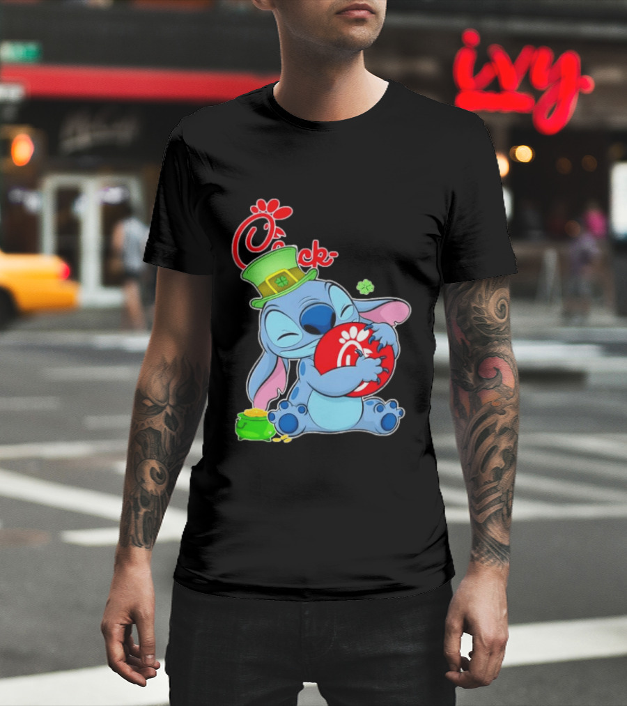 Stitch Holding Chick Fil A Logo With St. Patrick's Day Hat And Clover T-Shirt