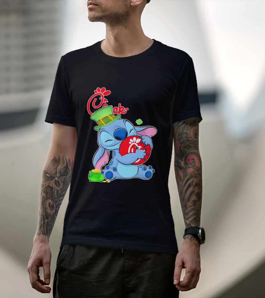 Stitch Holding Chick Fil A Logo With St. Patrick's Day Hat And Clover T-Shirt