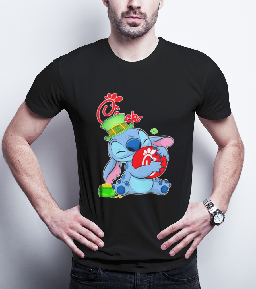 Stitch Holding Chick Fil A Logo With St. Patrick's Day Hat And Clover T-Shirt