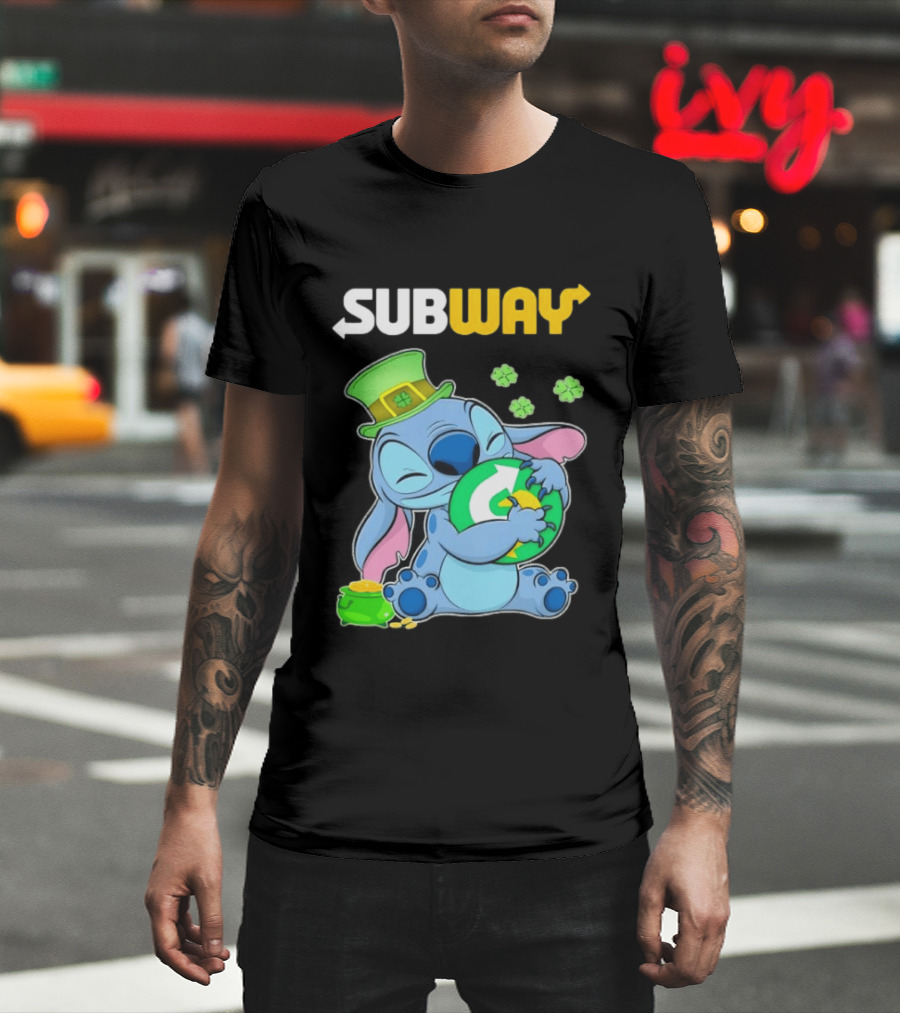 Subway St Patrick's Day Stitch Hugging Clover Coin T-Shirt