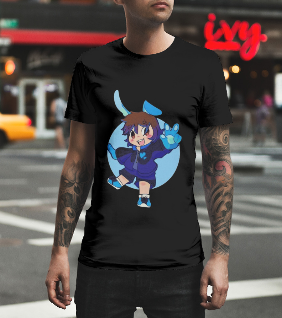 The8BitDrummer Bunny Blue Heart Cartoon Character With Bunny Ears And Sneakers T-Shirt
