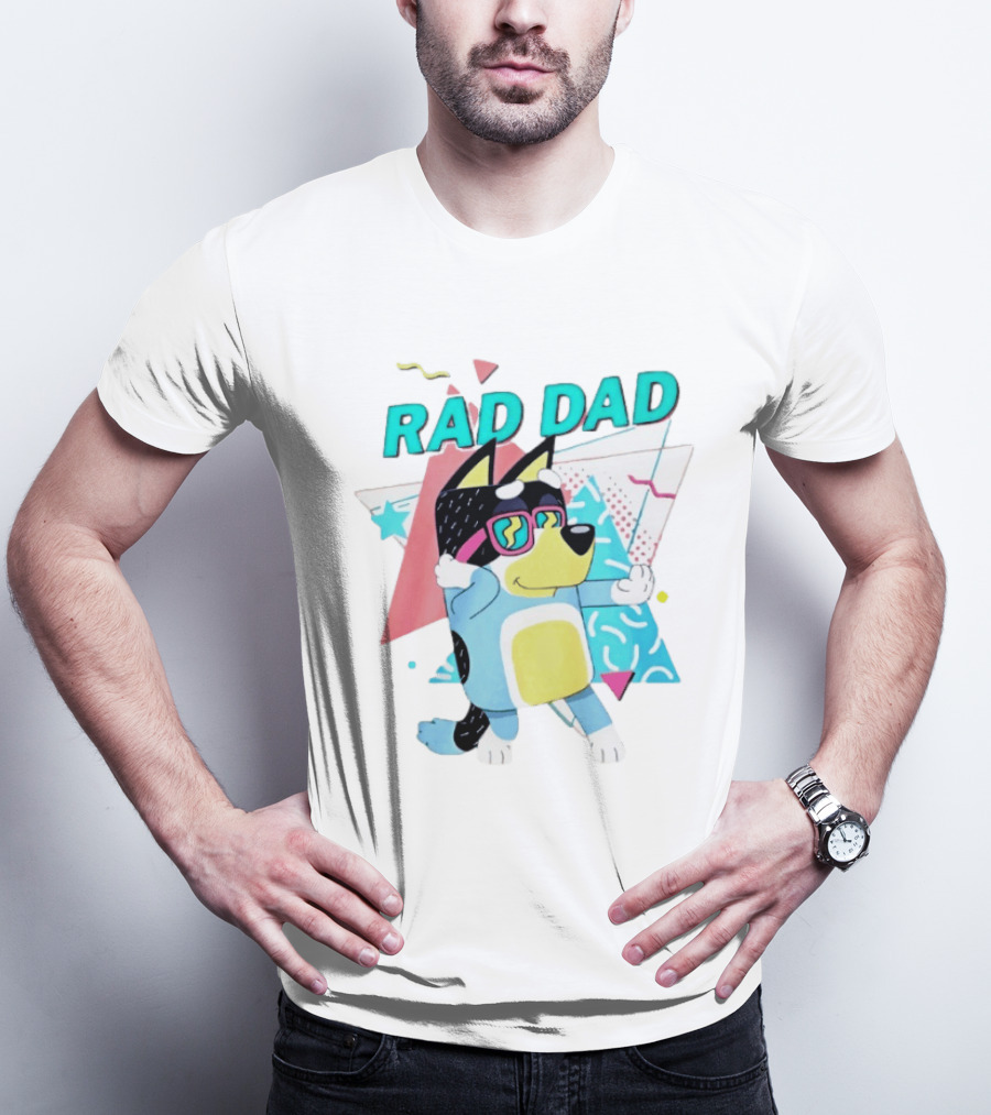 Blue Dog Rad Dad Retro Vibes With Sunglasses And Geometric T-Shirt
