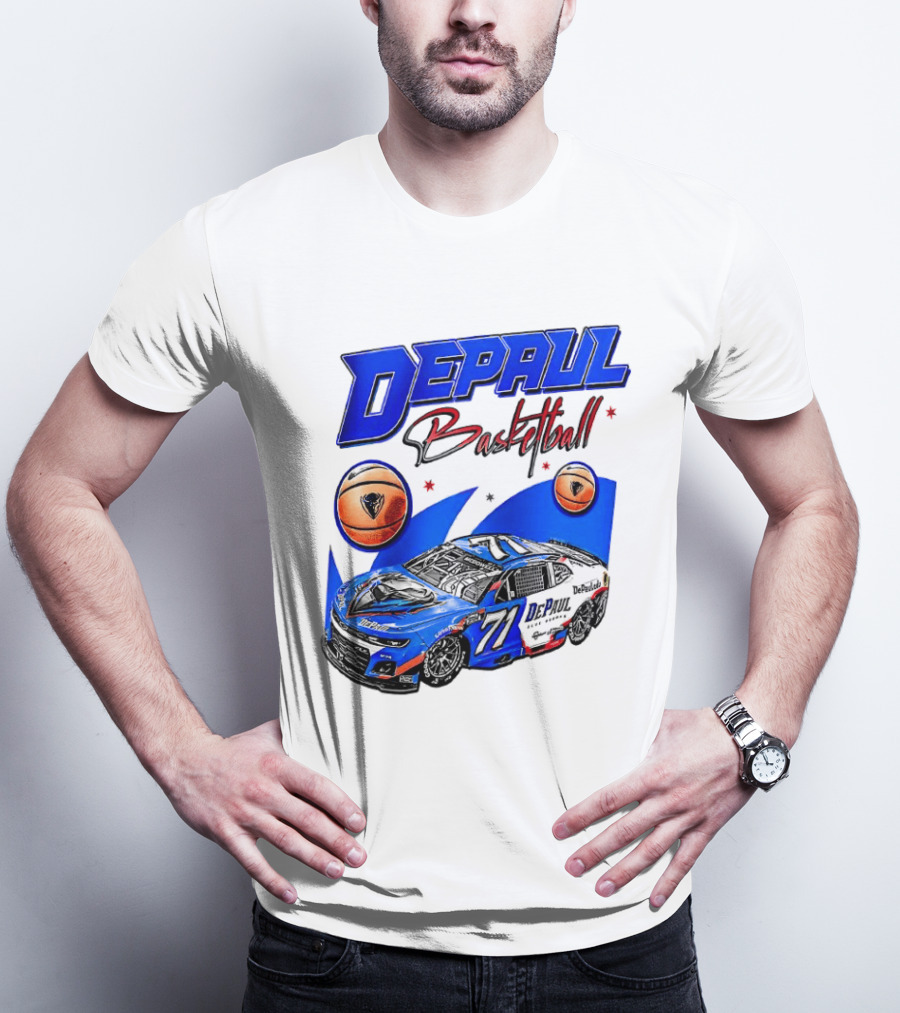 DePaul Basketball NASCAR Collaboration With Blue Race Car And Basketball T-Shirt