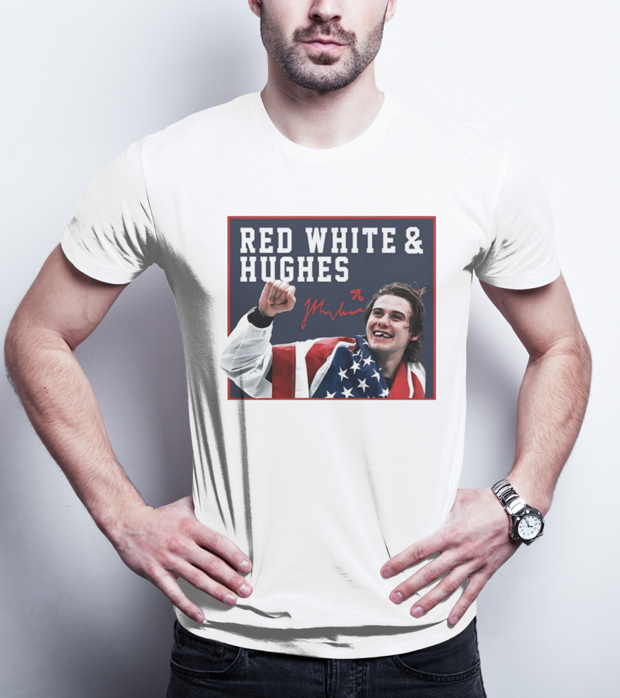 Red White & Hughes Jack Hughes USA Hockey 2026 Golden Goal T-Shirt