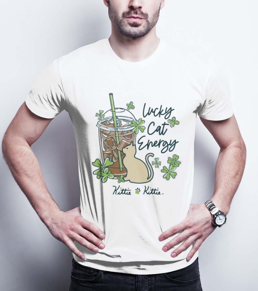 Lucky Cat Energy Kittie Kittie St. Patrick's Day Shamrock Iced Drink T-Shirt
