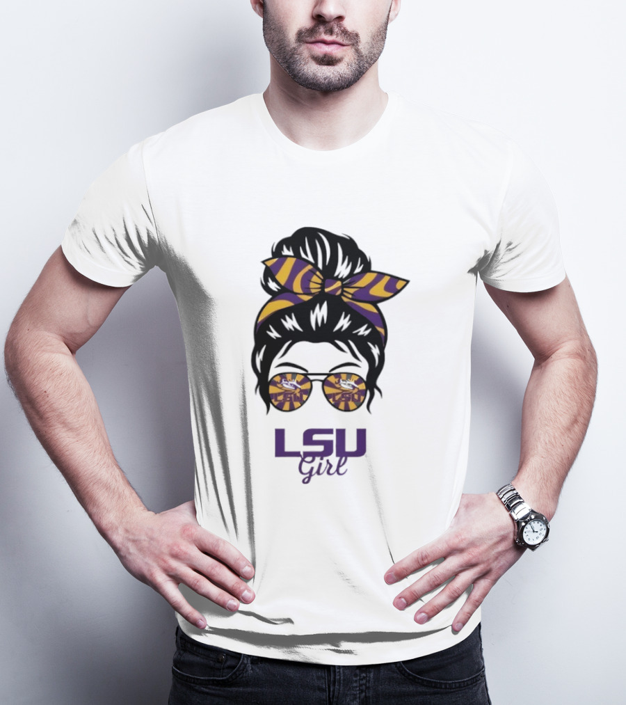 LSU Tigers Girl Purple Yellow Stripes Messy Bun Glasses T-Shirt