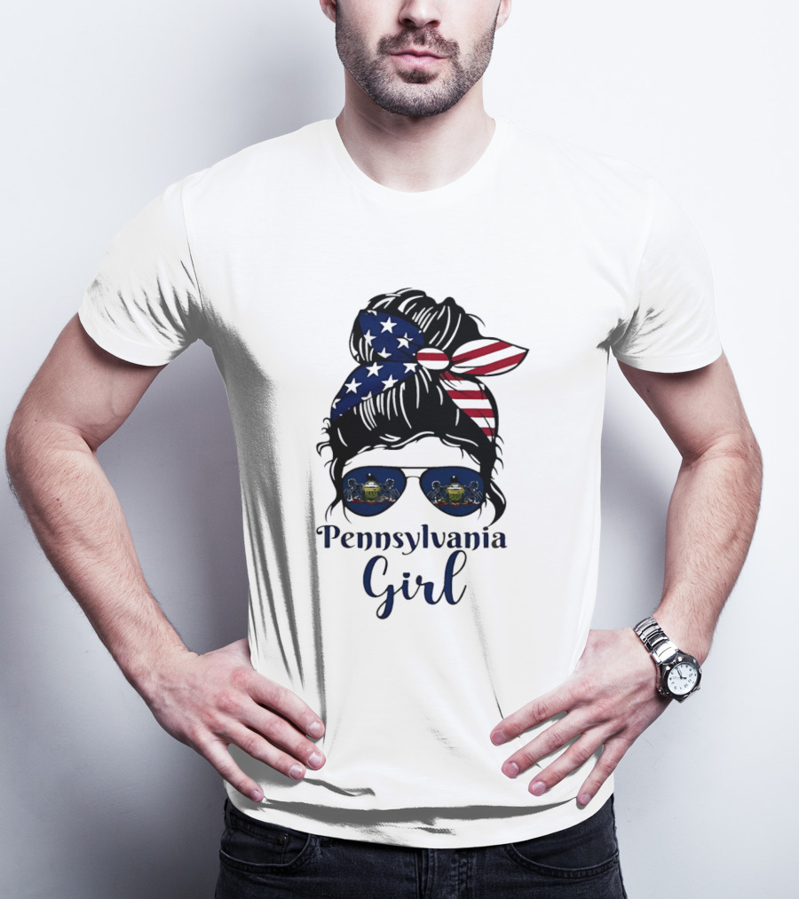 Pennsylvania Girl Messy Bun American Flag Bandana Sunglasses T-Shirt