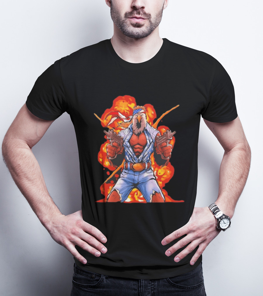 American Bald Eagle Fury Cartoon Bandana Dual Pistols Explosion T-Shirt