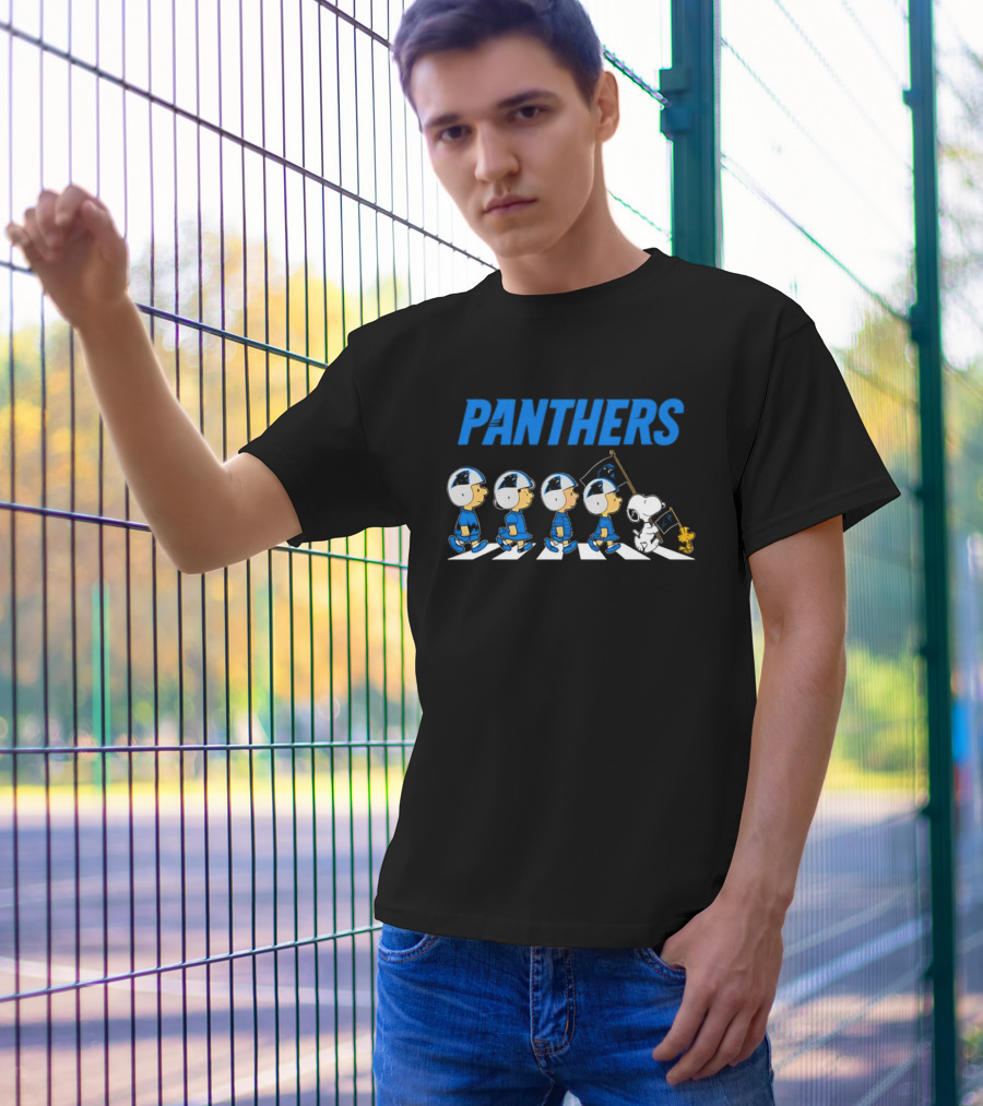 Peanuts Carolina Panthers Football Characters Walking With Flag T-Shirt