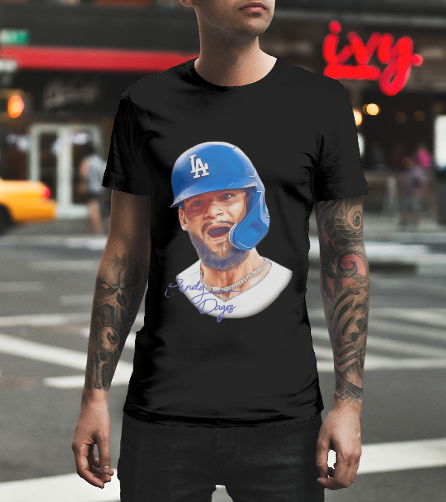 Andy Pages Los Angeles Dodgers MLB 2026 Big Face LA Helmet T-Shirt