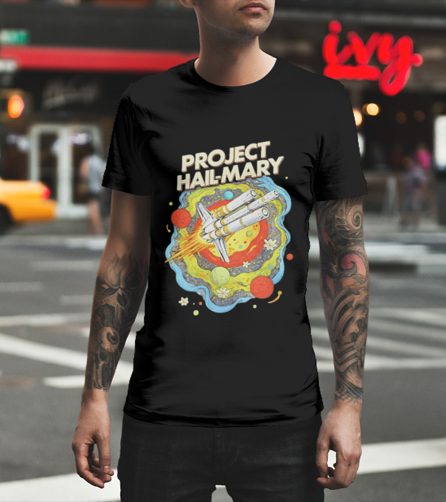 Project Hail Mary Rocket Launching Through Colorful Space Planets T-Shirt