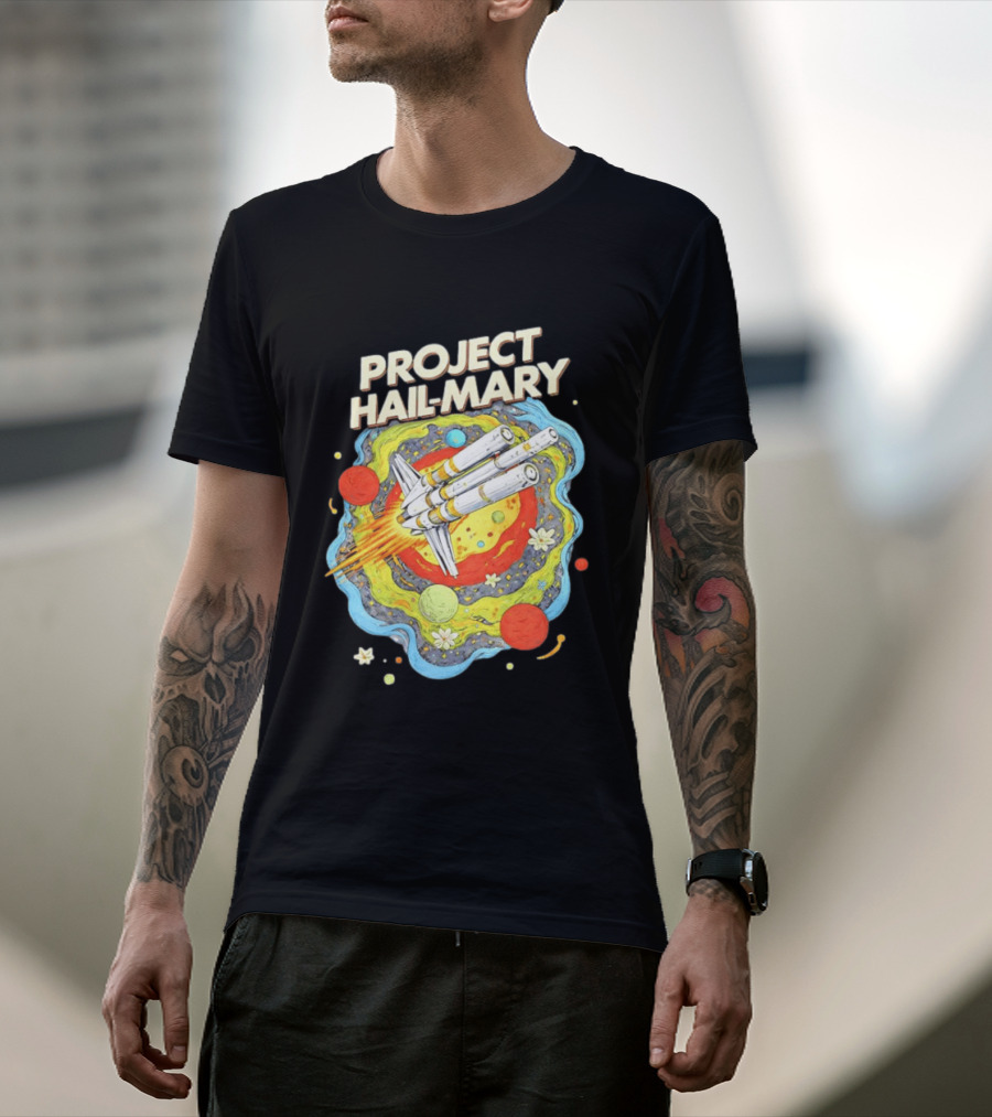 Project Hail Mary Rocket Launching Through Colorful Space Planets T-Shirt