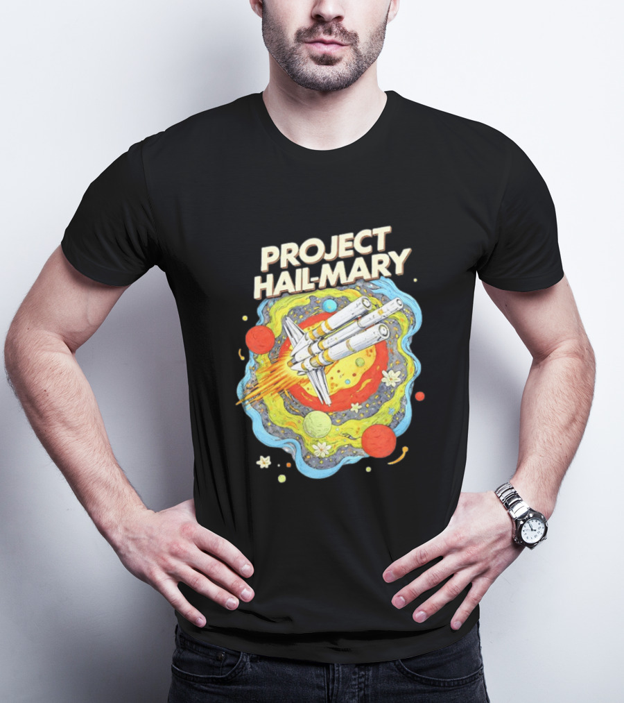 Project Hail Mary Rocket Launching Through Colorful Space Planets T-Shirt