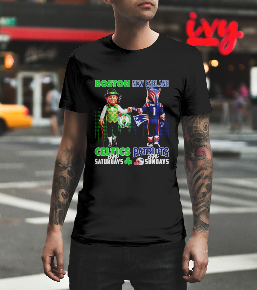 Boston Celtics Saturdays And New England Patriots Sundays Skyline T-Shirt