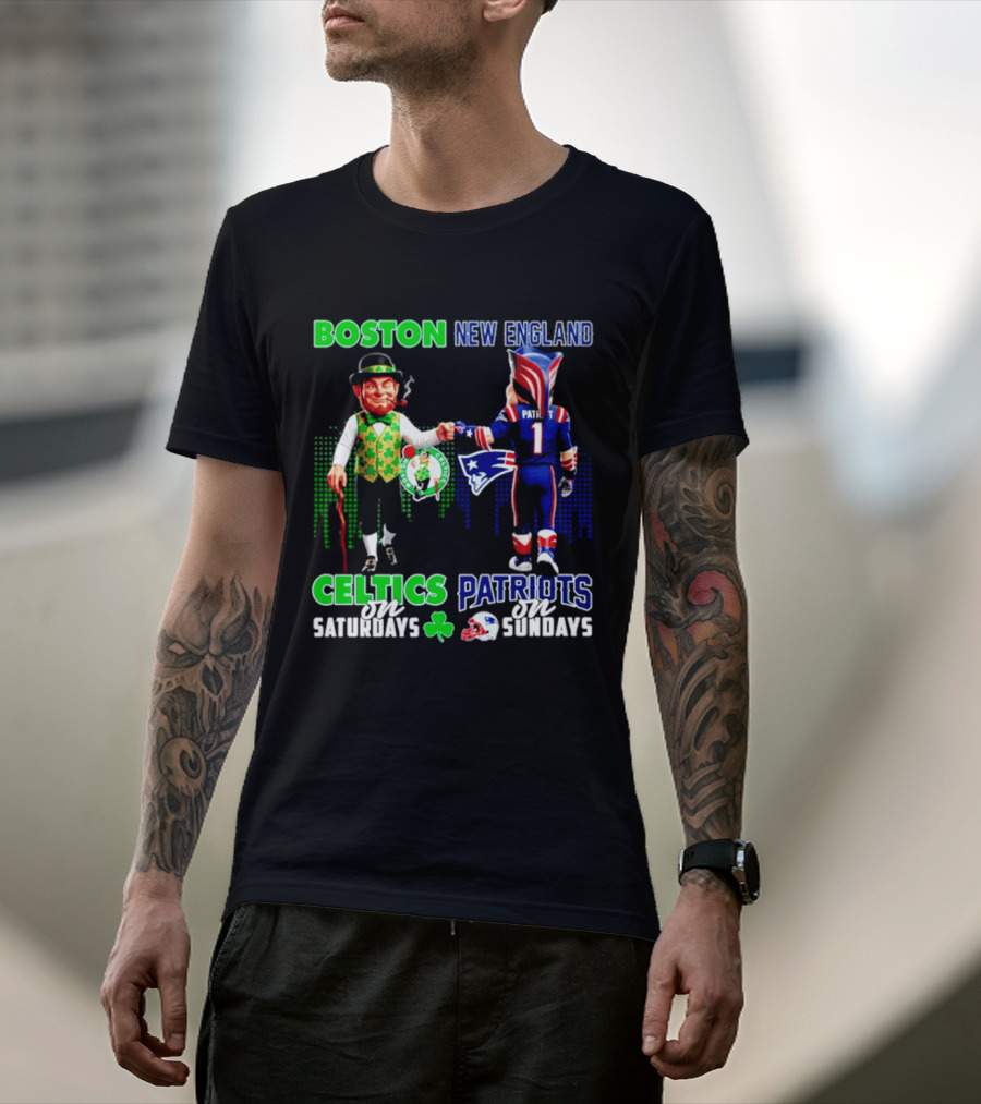 Boston Celtics Saturdays And New England Patriots Sundays Skyline T-Shirt