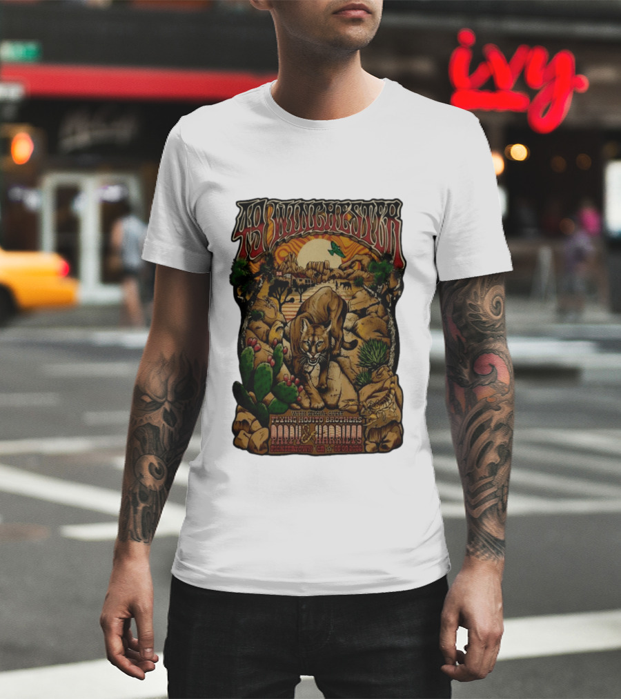 49 Winchester Pioneertown May 9 2026 Flying Mojito Brothers Pap Yu Harlins Cat Desert Scene T-Shirt