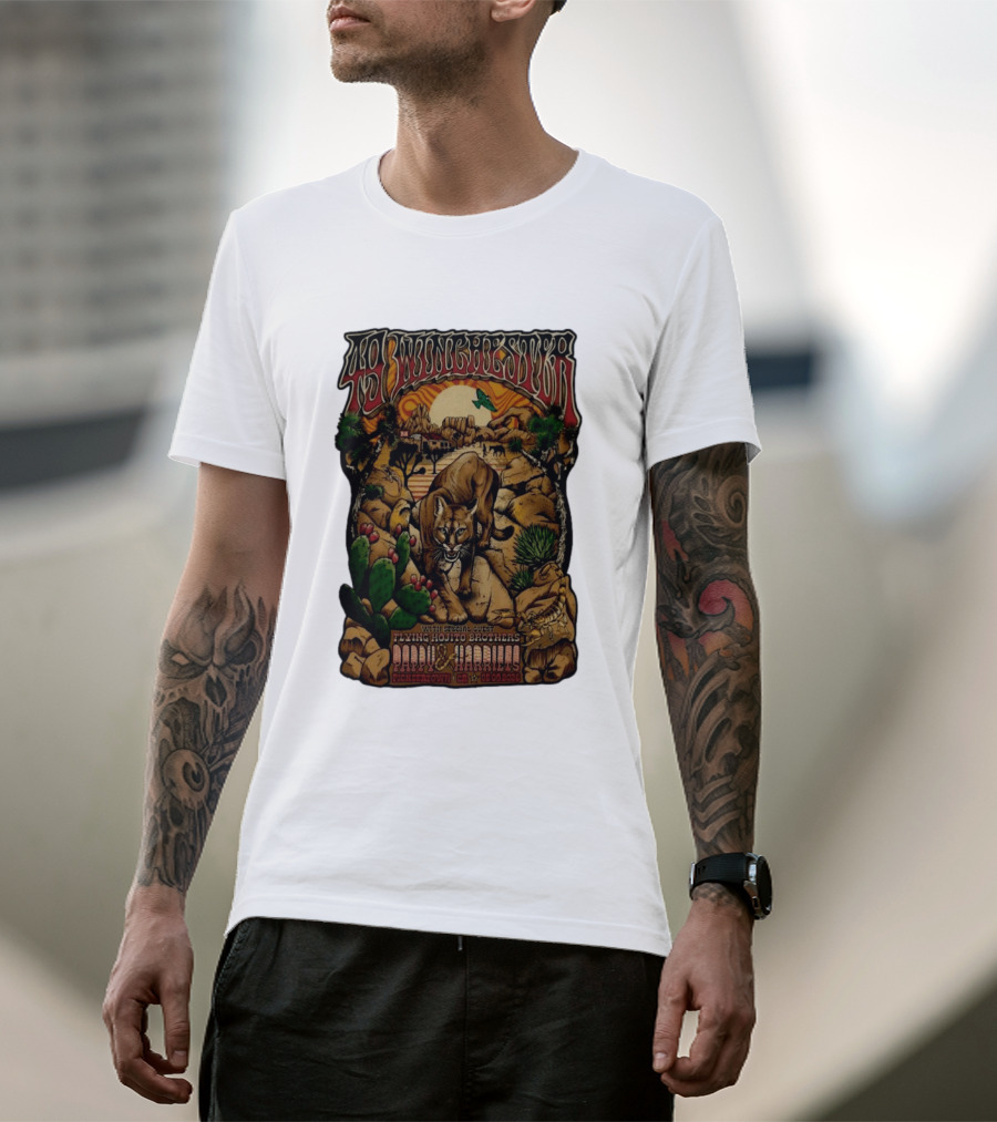 49 Winchester Pioneertown May 9 2026 Flying Mojito Brothers Pap Yu Harlins Cat Desert Scene T-Shirt