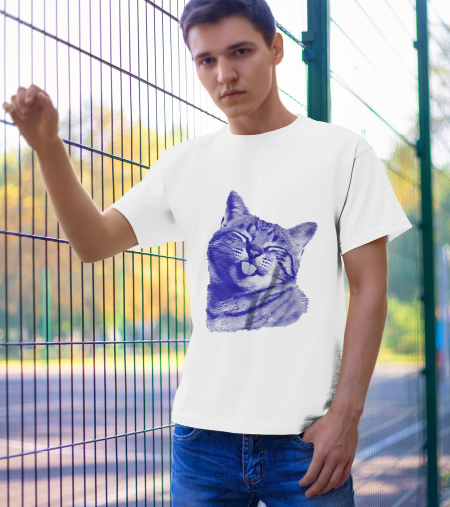Playful Cat Sticking Out Tongue In Blue Tint T-Shirt