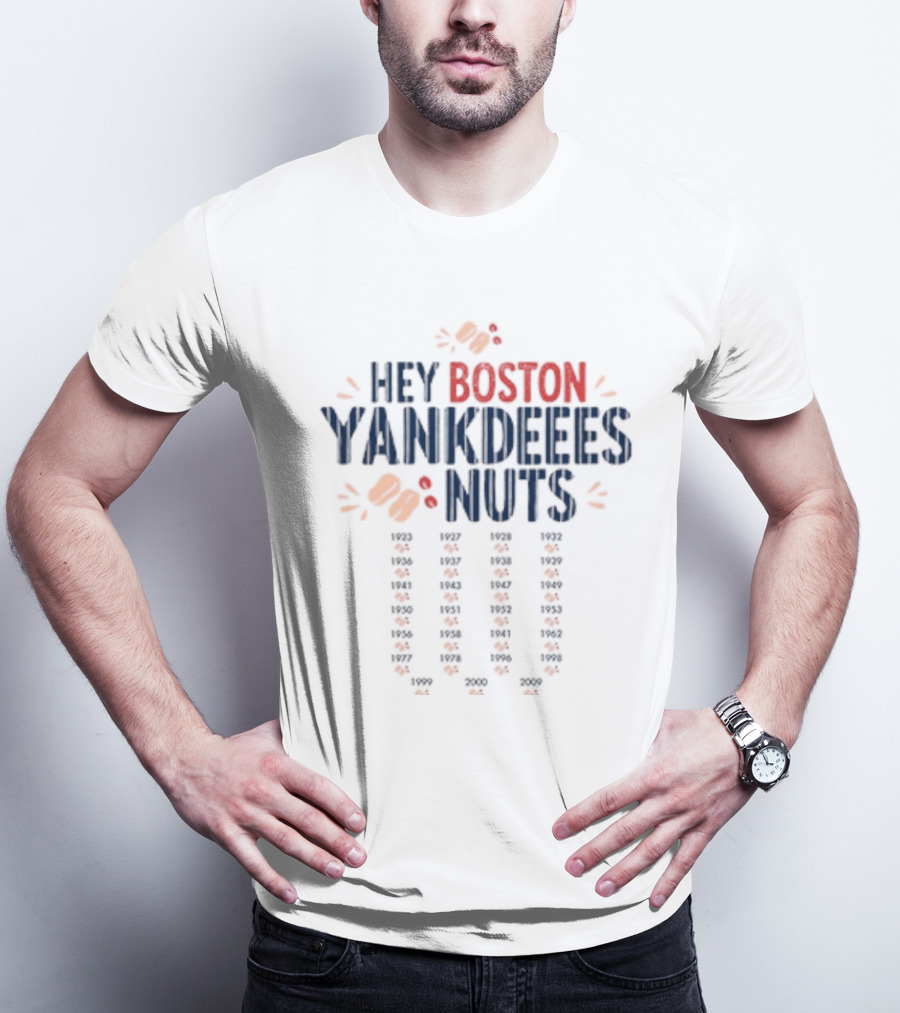 Hey Boston Yankdeeees Nuts Embroidered Text With Orange Paws T-Shirt