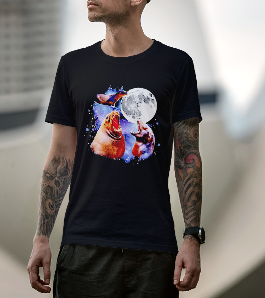 Sea Lion Trio Howling At The Moon In Outer Space Scene T-Shirt