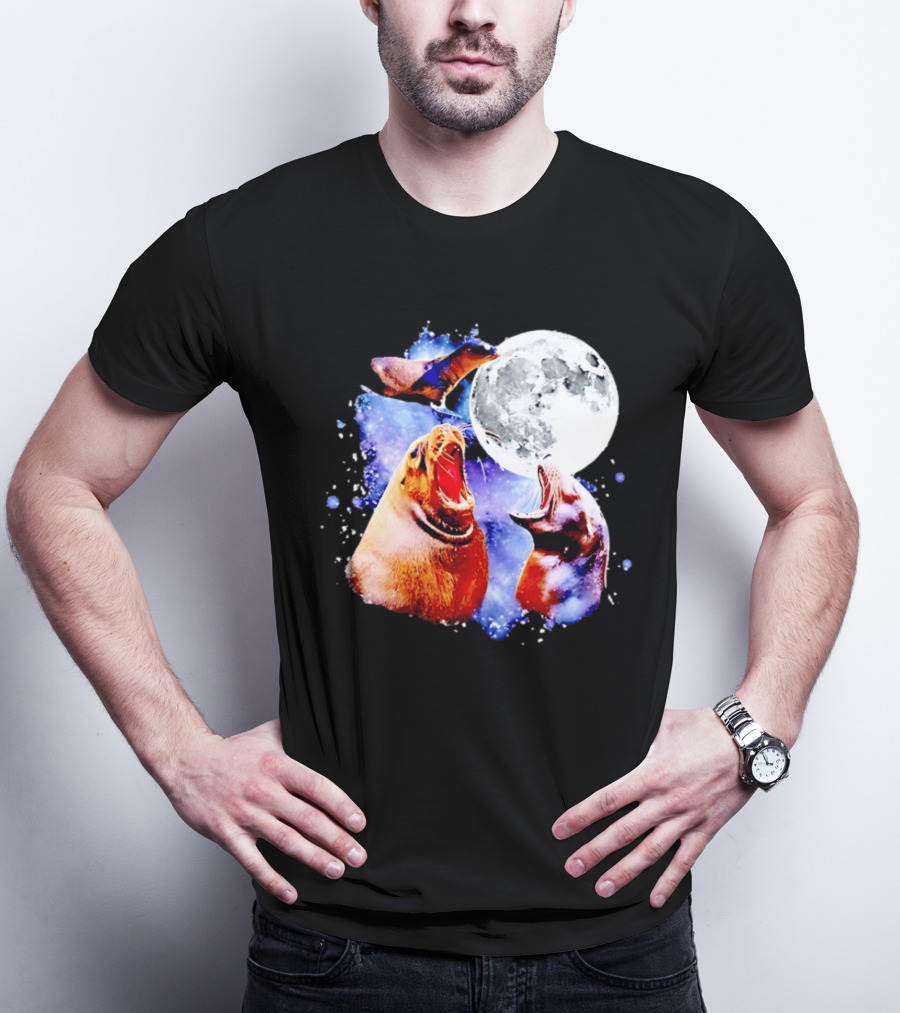 Sea Lion Trio Howling At The Moon In Outer Space Scene T-Shirt