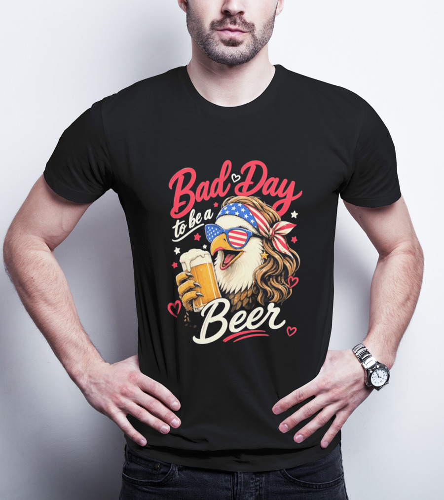 Bad Day To Be A Beer Patriotic Bald Eagle With American Flag Bandana And Heart Accents T-Shirt