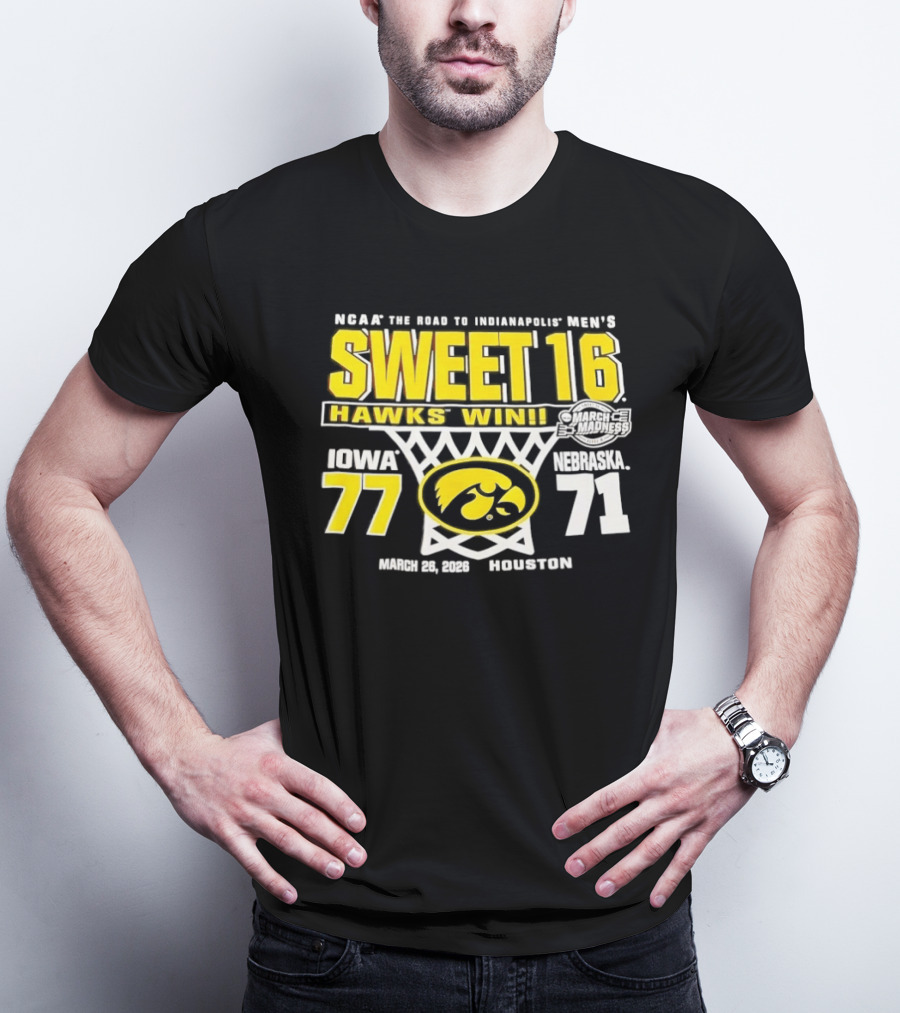 NCAA March Madness The Road To Indianapolis Men's Sweet 16 Hawks Win Iowa 77 Nebraska 71 March 25 1989 Houston T-Shirt