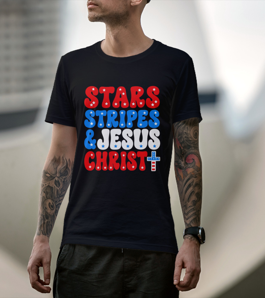 Patriotic Stars Stripes Jesus Christ Christian Faith Cross T-Shirt