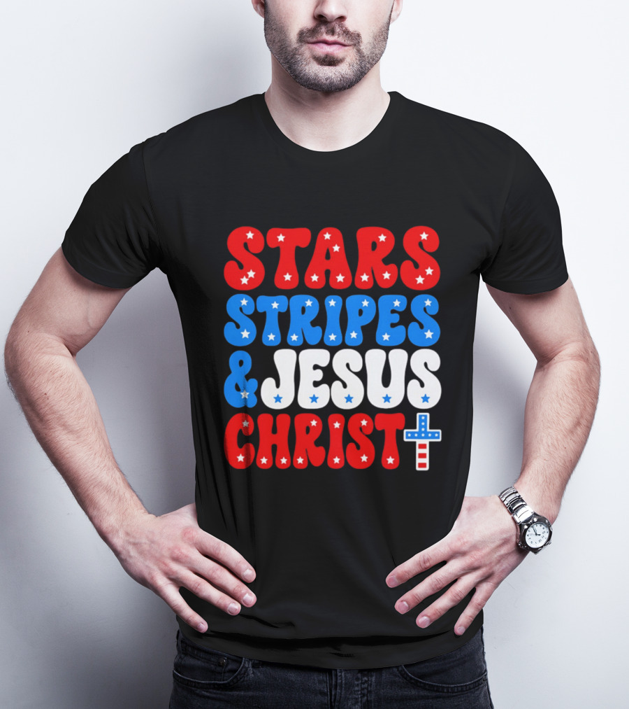 Patriotic Stars Stripes Jesus Christ Christian Faith Cross T-Shirt