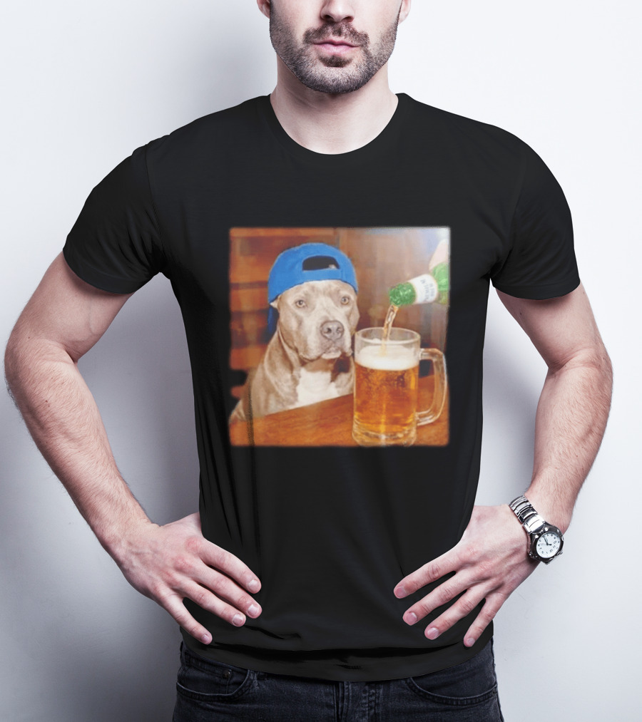Pit Bull Drinking Beer Blue Cap Meme T-Shirt